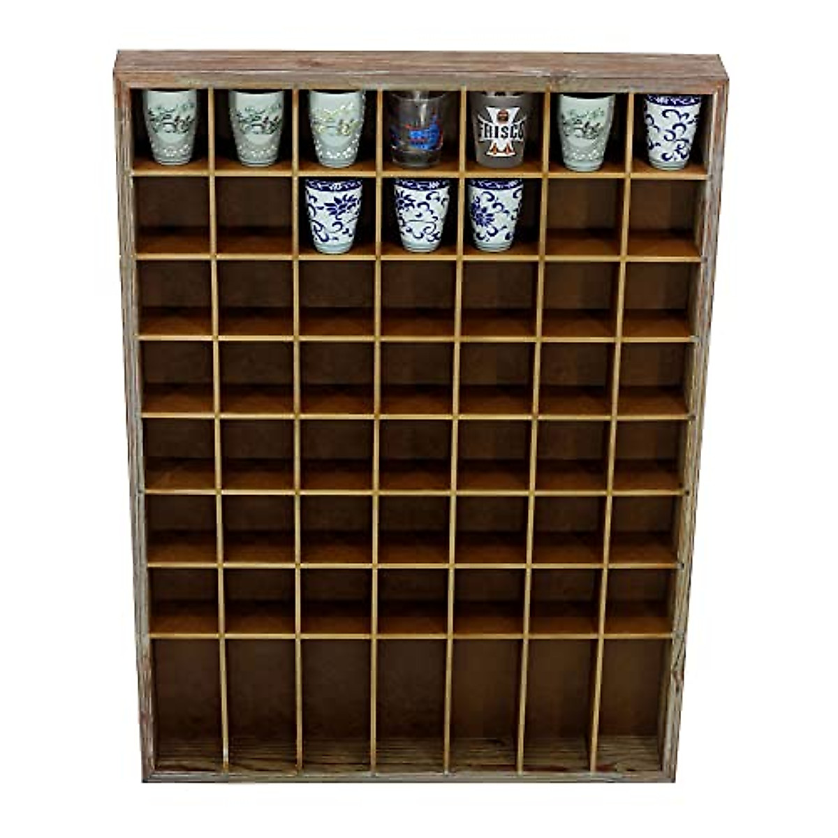 DisplayGifts Open Front Shot Glasses Display Case 56 Compartments Wall Mount Pint Glass Shadow Box Bar Collection or Small Items Display Shelving, No Cover on The Front, Rustic Brown Wood Frame