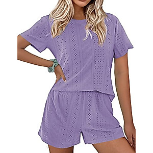 Ekouaer Women's Short Sleeve Pajama Sets Lounge Top and Shorts Hollow Out Pj Outfits Set for Summer (Purple, S)