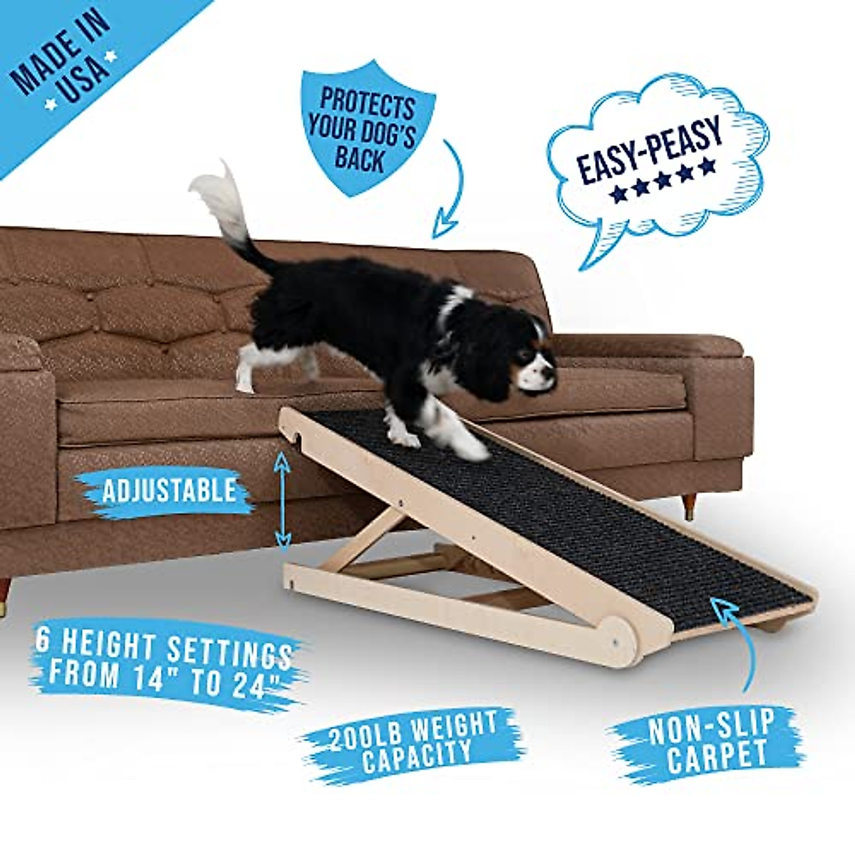 Pawnotch USA Made Adjustable Dog Ramp for All Dogs and Cats - Dog ramp for Couch or Bed with Paw Traction Mat - 40" Long and Adjustable from 14” to 24” - Rated for 200LBS - Dog Ramp for Small Dogs