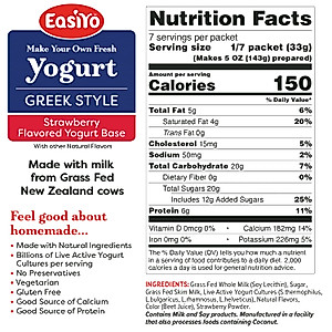 EasiYo Yogurt Starter Kit | EasiYo Yogurt Maker, Storage Jar and Greek Style Strawberry Flavored Yogurt Base (35oz, Makes 7 Servings) | Fresh Homemade Yogurt | New Zealand Milk from Grass Fed Cows