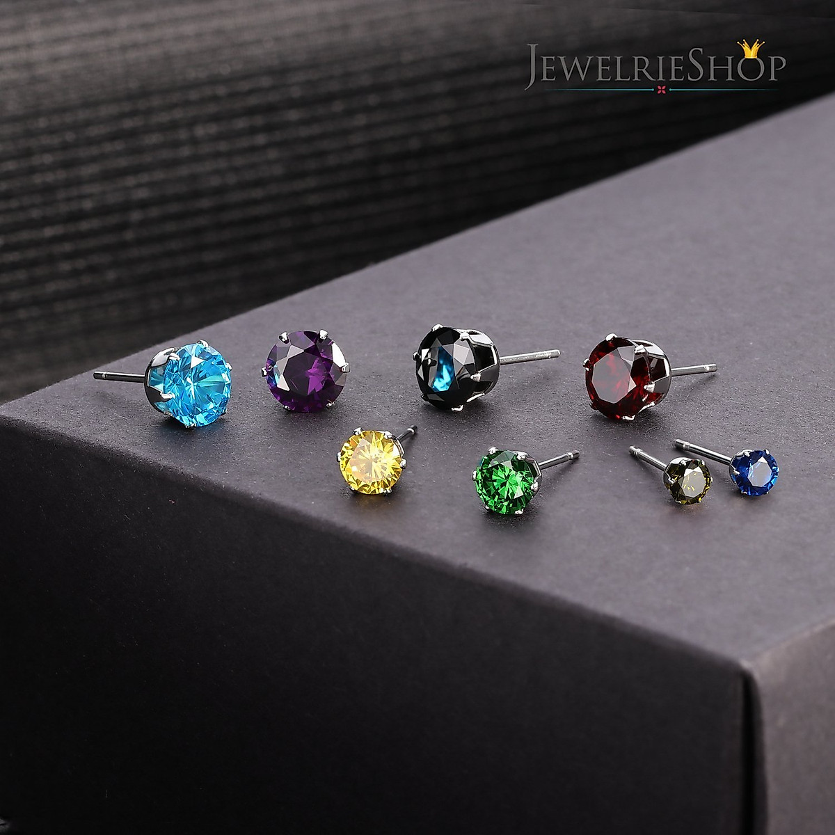 JewelrieShop Stud Earrings for Women Stainless Steel Post Earrings Hypoallergenic CZ Birthstone Ear Studs Earings (12 pair, 6mm)