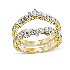 Jewelry Star 3/4 CTW Pear-Shaped Cubic Zirconia Double Crown Vintage-Style Solitaire Enhancer Band in 925 Sterling Silver 14K Yellow Gold Finish