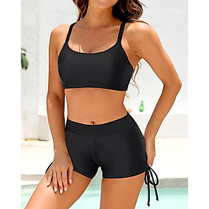 Yonique 3 Piece Womens Tankini Swimsuits with Shorts Athletic Bathing Suits Tank Tops with Bra and Boyshorts Black Floral XL