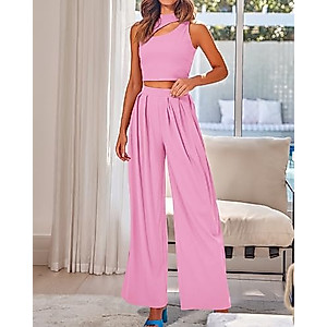 BTFBM Women 2 Piece Outfits 2024 Spring Summer Tracksuits Mock Neck Sleeveless Cutout Crop Top Wide Leg Pants Sweatsuits(Solid Pink, Large)