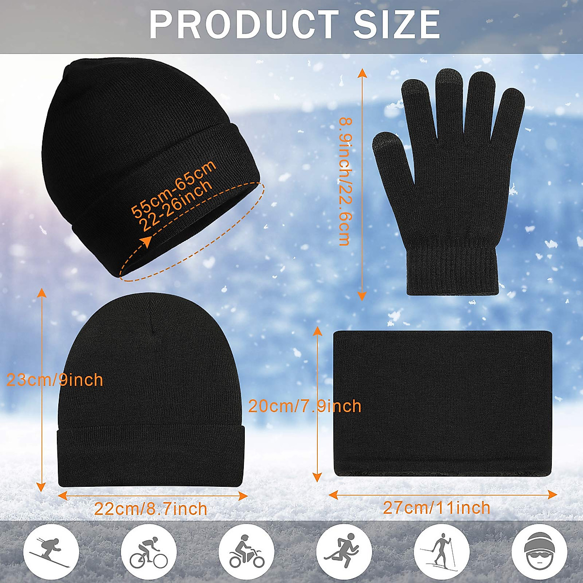 6 Pieces Winter Beanie Hat Scarf Touchscreen Gloves Neck Warm Knitted Fleece Lined for Men and Women (Black, Dark Grey)