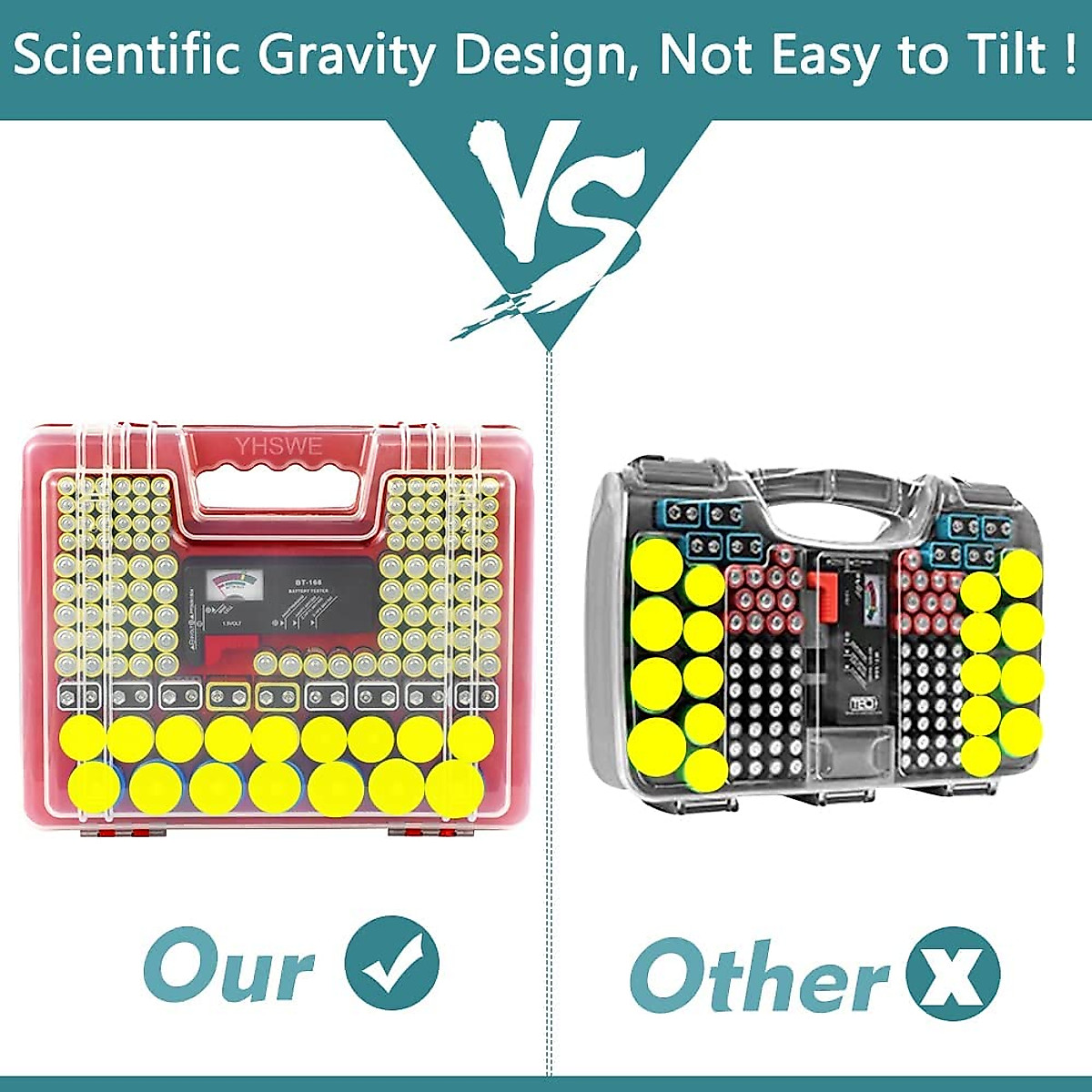 X-Value 230+ Battery Storage Organizer AA AAA C D 9V Waterproof Battery Holder Case with Tester (Red)