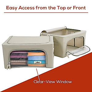 Asani Foldable Storage Bin Boxes with Clear Window, Decorative Bedroom Closet Organizer for Clothes, Bedsheet, Blanket, Reinforced Carry Handles, Double Study Zipper, Fabric, 15.75" L X 12" W X 8" H