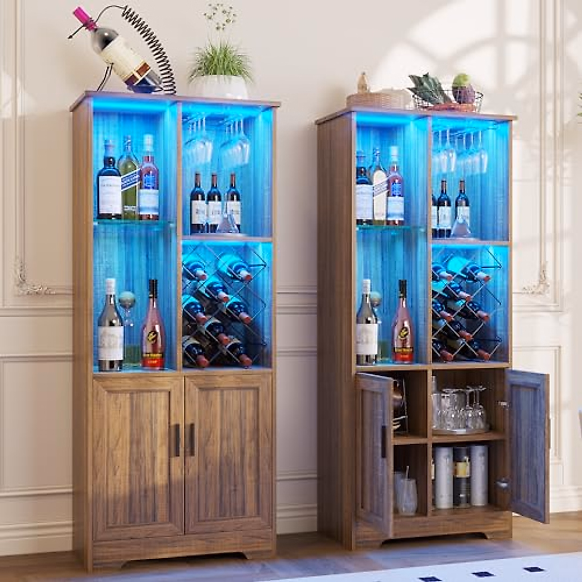 Kasibie Wine Cabinet, Wine Bar Cabinet with LED Lights, Liquor Cabinet with Glass Holder Wine Rack, Farmhouse Modern Liquor Cabinet with Storage for Home (Brown)
