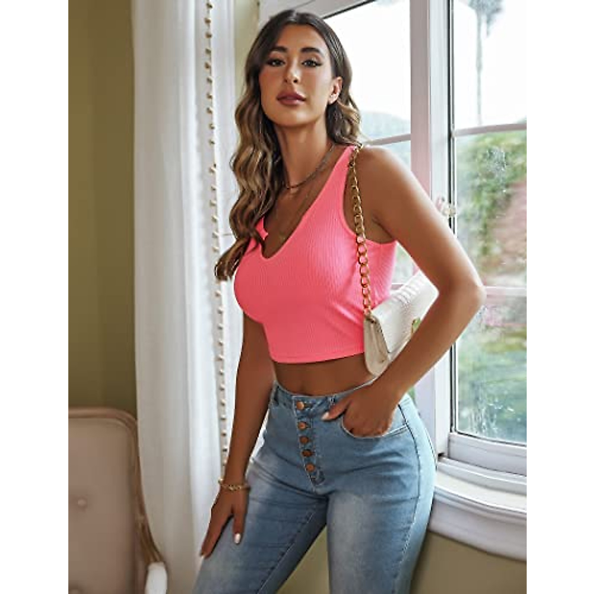 Ekouaer Women's Crop Tank Tops V Neck Workout Slim Fitted Crop Top White