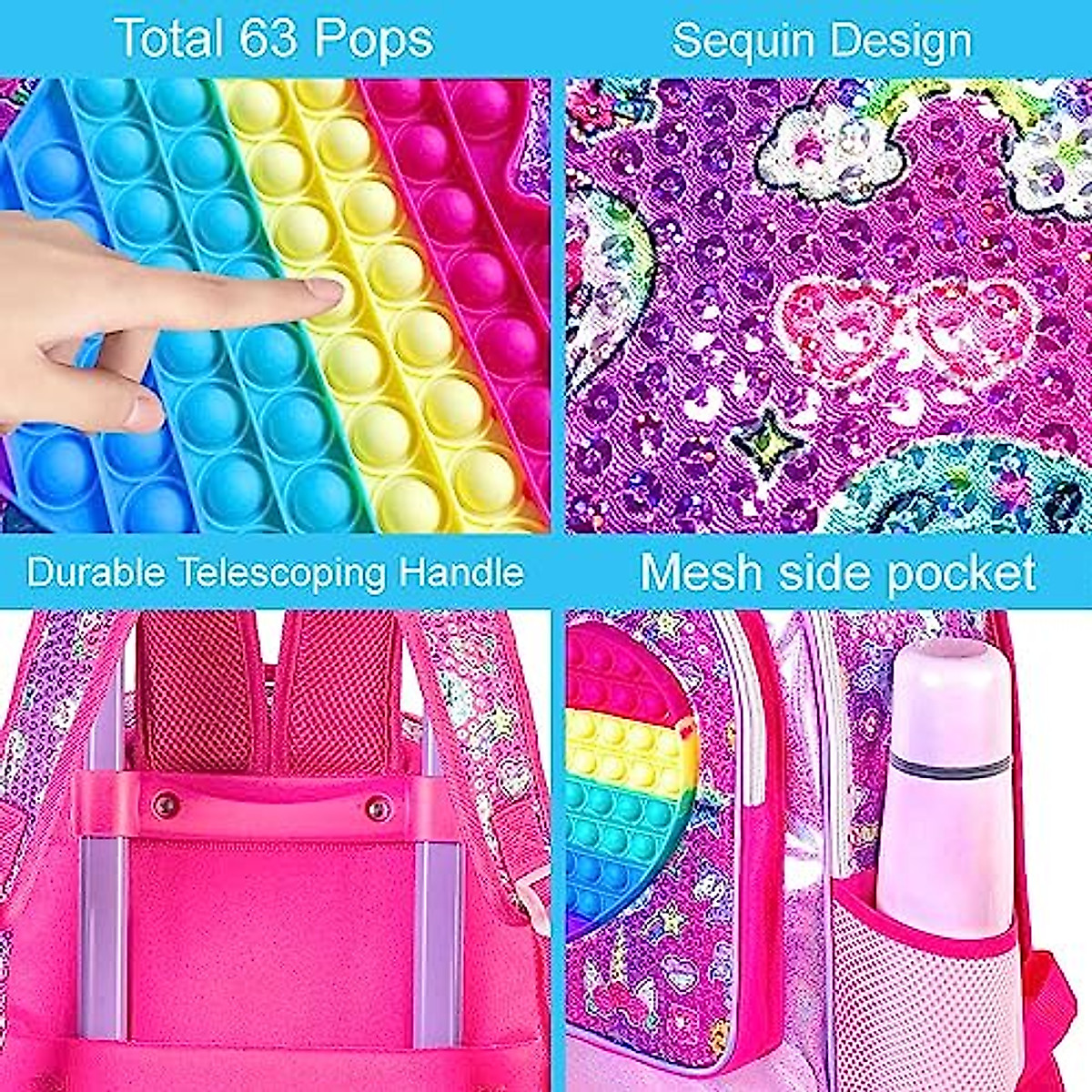 CCJPX 3PCS Kids Rolling Backpack for Girls, Unicorn Roller Wheeled Bookbag Toddler Elementary School Bag with Wheels Purple