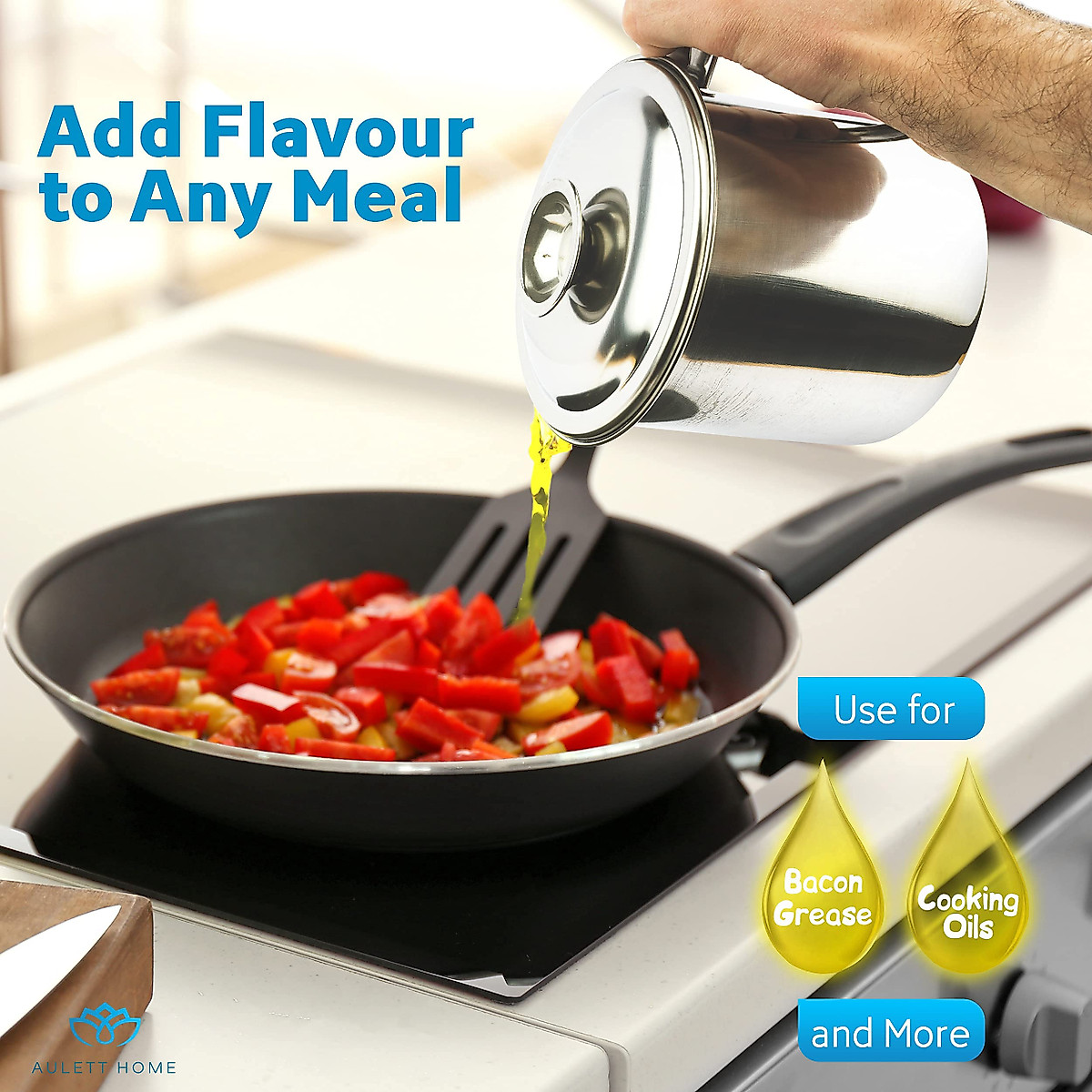 Aulett Home Bacon Fat Container With Oil Strainer - Storing Fats, Cooking Oil, Drippings - Oil Separator for Cooking - 1.25 Quart or 5 Cups Stainless Steel Grease Keeper with Oil Fat Separator