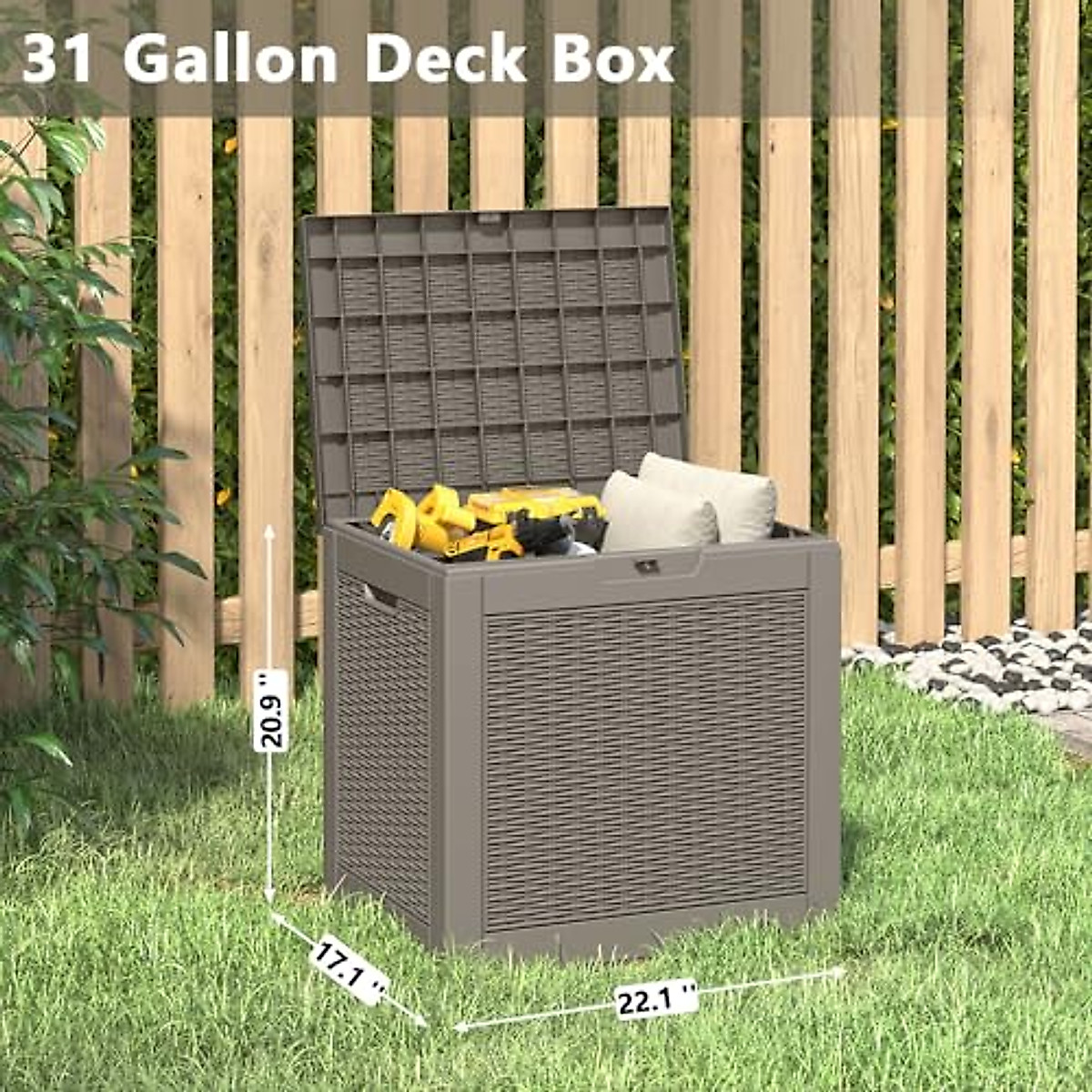 Esmlada Deck Box, 31 Gallon Resin Deck Box Indoor and Outdoor Storage Waterproof Boxes Lockable Lid for Garden Tools, Pool Supplies, Patio Furniture and Cushions, Grey