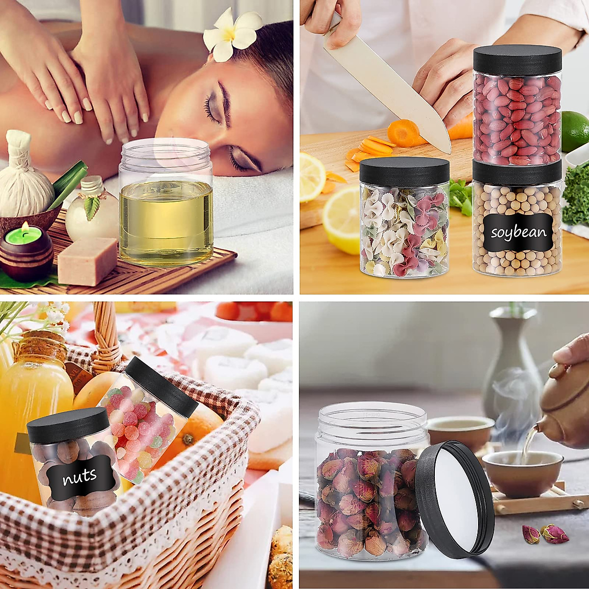 OUSHINAN 48PCS 8OZ Plastic Jars with Screw On Lids, Pen and Labels Refillable Empty Round Slime Cosmetics Containers for Storing Dry Food, Makeup, Slime, Honey Jam, Cream, Butter, Lotion