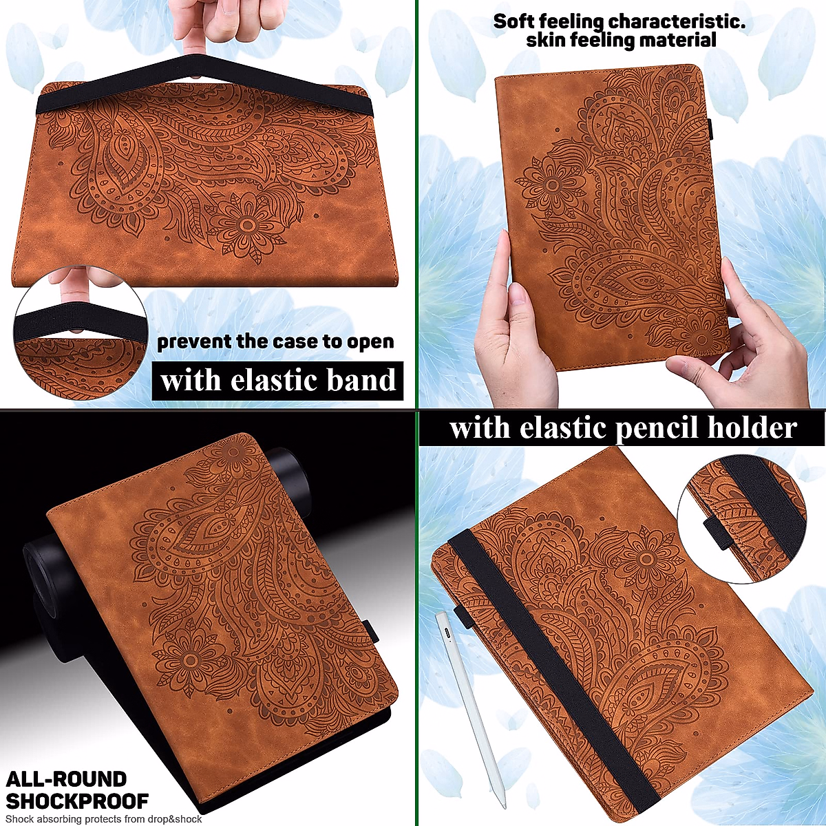 UUcovers for Kindle Fire HD 10 Case 9th/7th/5th Generation 10.1 Inch (2019/2017/2015) with Pencil Holder/Elastic Band/Stand/Magnetic Folio Embossed PU Leather Shockproof Cover, Brown Peacock Flower
