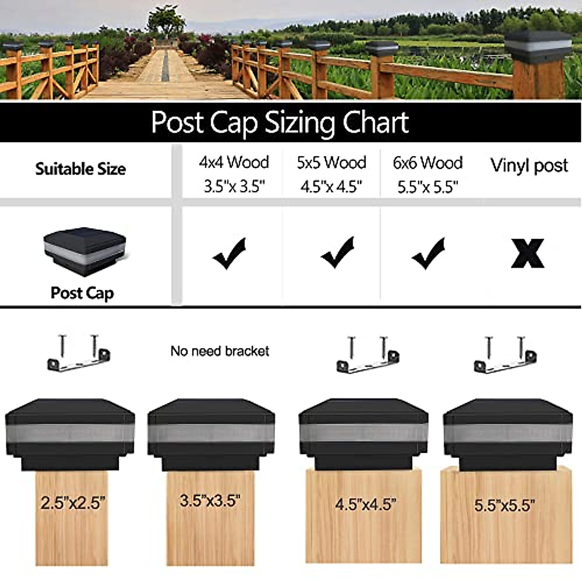 Sumaote Solar Post Cap Light, 52 LEDs 160 Lumen Outdoor Solar Post Light Fits 4x4 5x5 6x6 Wooden Posts Fence Post Lights Platform Garden Patio Deck Lighting 6000K White Light, Black Shell, 4 Pack