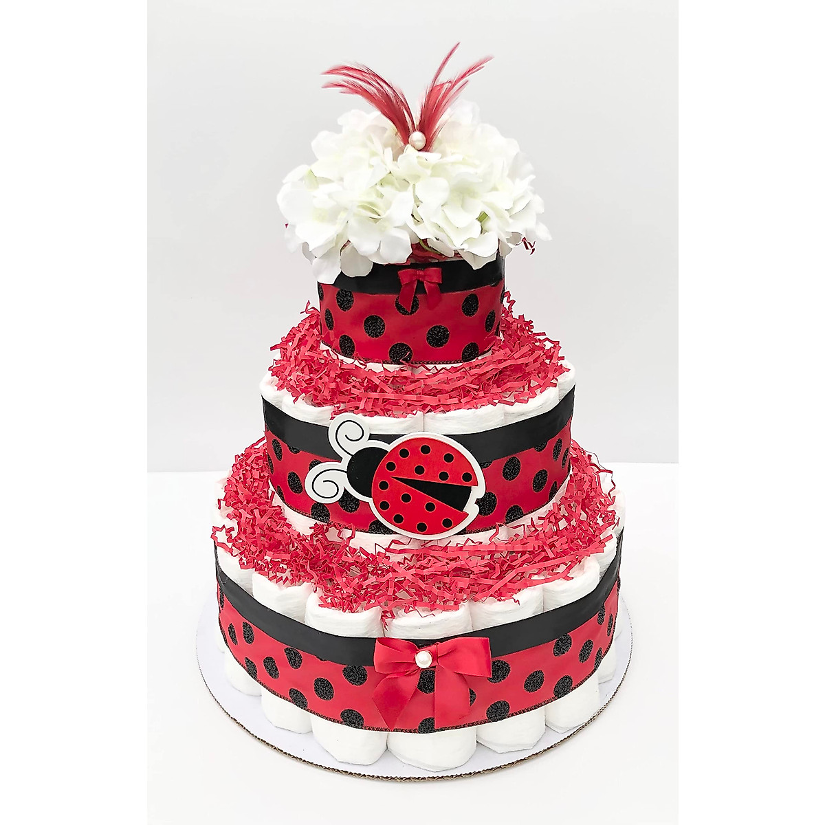 Diaper Cake - Ladybug Style - Neutral - Baby Shower - Centerpiece -3 Tier Cake - Gift