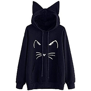 Women Teen Girls Cat Hoodie Sweatshirt Sweater Coats Cute Cat Ear Sleeping Cat Printed Pullover Long Sleeve Sweatshirt