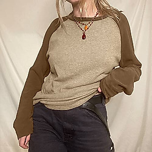 Women Y2k Oversized T Shirts Long Sleeve Harajuku Aesthetic Vintage Loose Tee Graphic Printed Fairy Grunge Sweatshirt Pullover Baggy 90s E Girl Top Streetwear (Brown Reglan Patchwork, X-Large)