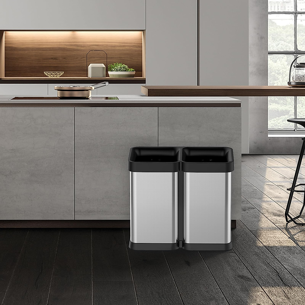 GarveeTech 13.2 Gal Dual Trash Can, Stainless Steel Kitchen Garbage Can, Open Top Waste Bins, Recycling Trash Can, 2 x 6.6 Gal