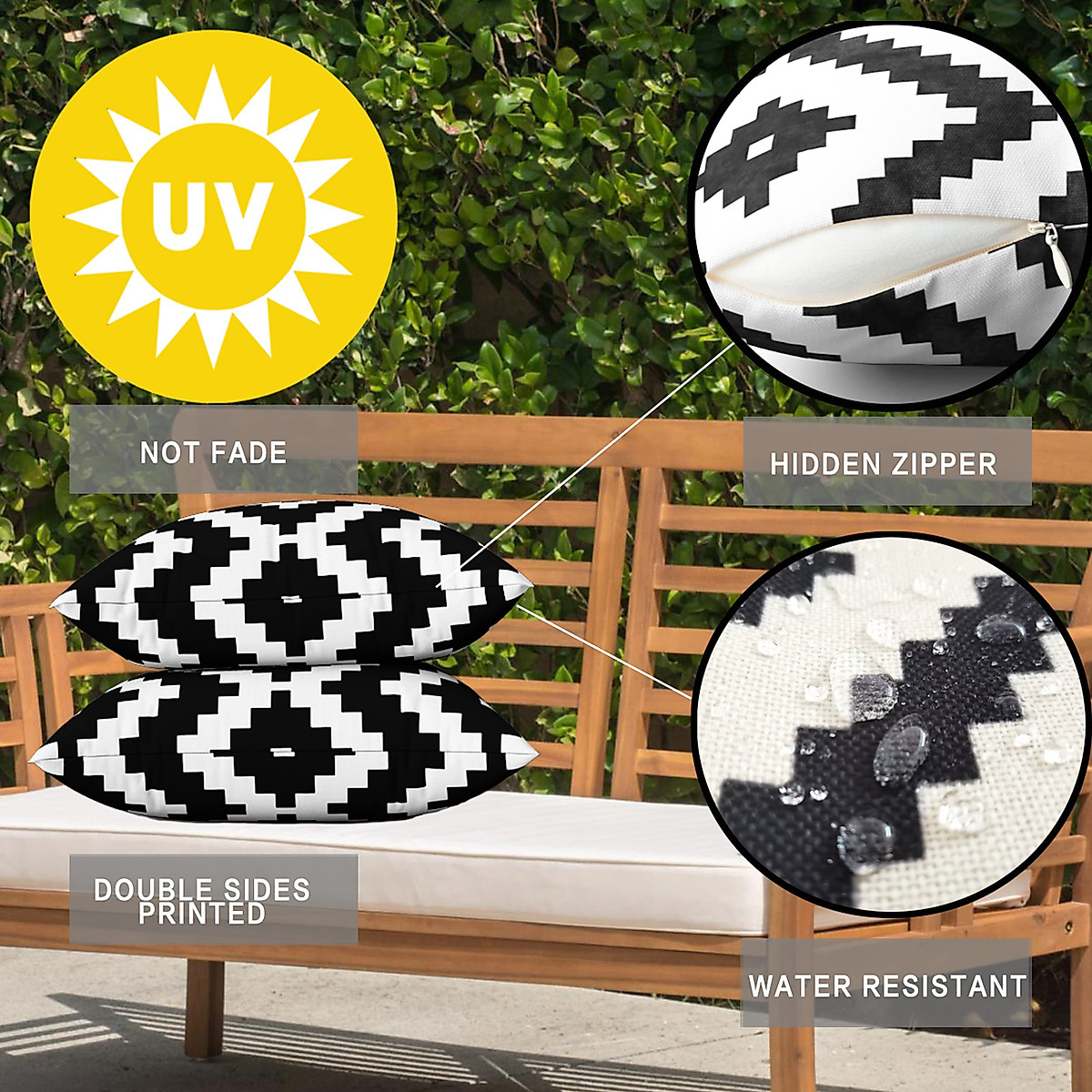 Yaofavo Outdoor Pillow Covers Set of 2, Waterproof Boho Farmhouse Throw Pillow Covers Geometric Pillow Cases for Patio Garden(Black&Cream White-10, 18x18 Inch)