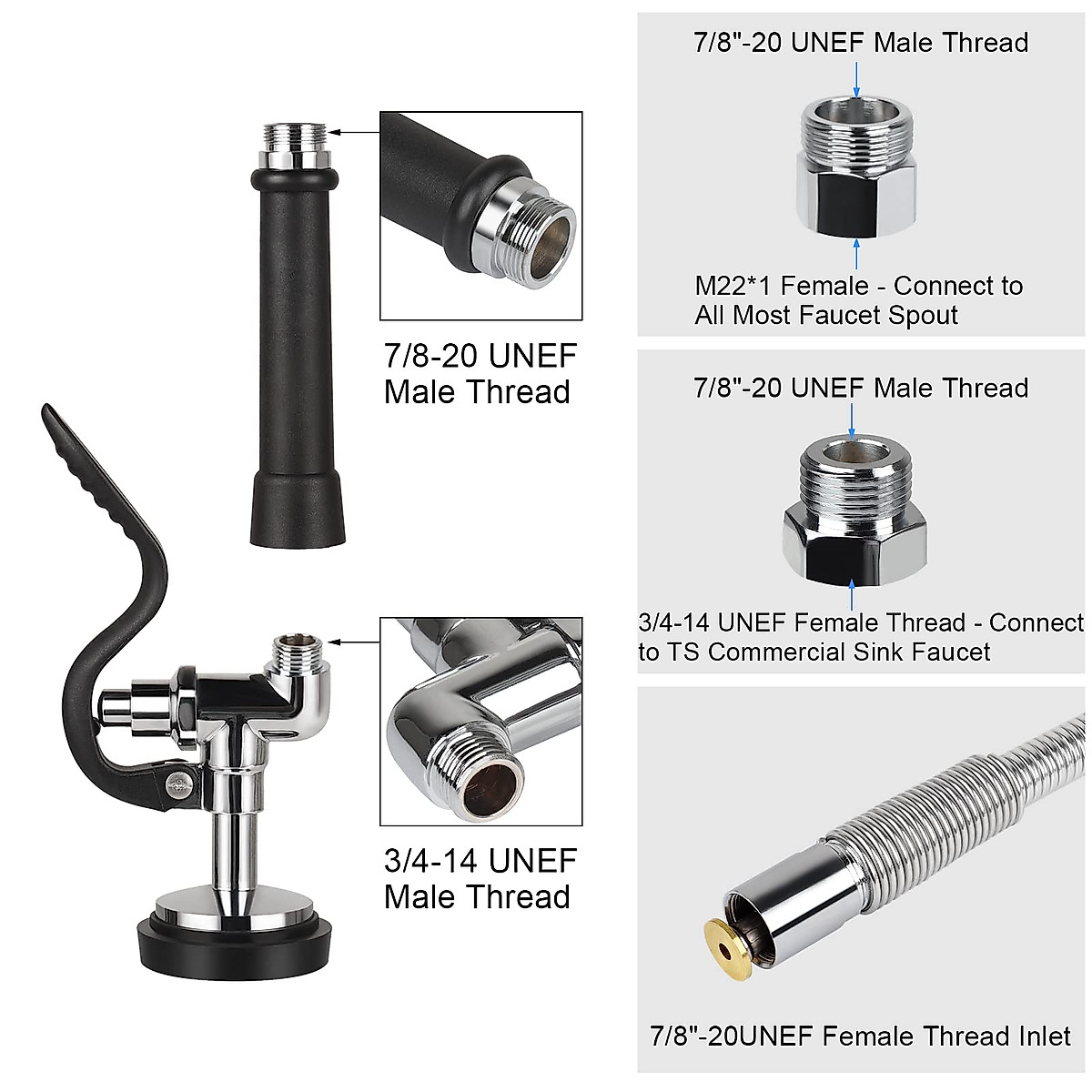 Pre Rinse Spray Valve with Hose KANONEY 45" Flexible Stainless Steel Hose Commercial Sink Dish Sprayer Nozzle Head Replacement Kit for Industrial Restaurant Kitchen Faucets, Black