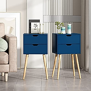 JAXPETY Nightstands Set of 2, Night Stand with Drawers, Bedside Tables with Solid Wood Legs and Large Storage Space, End Table, Side Table, for Bedroom, Blue
