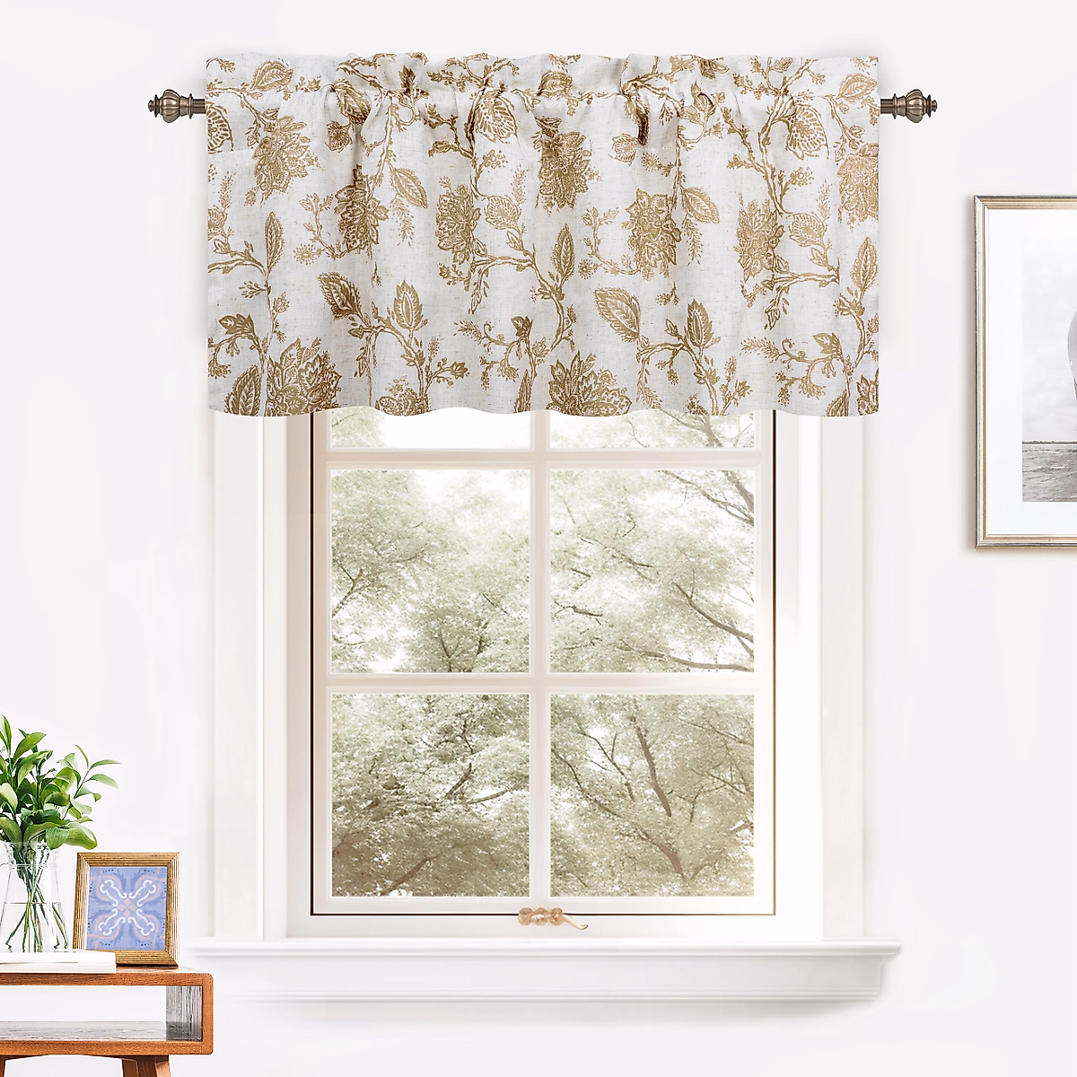 DriftAway Freda Floral Linen Blend Blackout Thermal Insulated Energy Saving Window Linen Curtain Valance Rod Pocket 2 Layers 2 Pack Each 52 Inch by 18 Inch Plus 2 Inch Header Sand