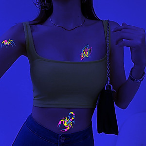 Neon Temporary Tattoos Glow In The UV Neon Tattoos Stickers 61 Glitter Styles Dragon Scorpion Spider Cool Fake Waterproof Tattoos for Men Women Party Decoration