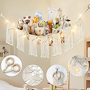 Dremisland Stuffed Animal Toy Hammock with Fairy Lights Macrame Boho Plush Toy Net Hammock with Tassels-Stuff Animals Organizer Storage Corner Plush Toys Net Holder for Nursery Play Room, Kids Bedroom
