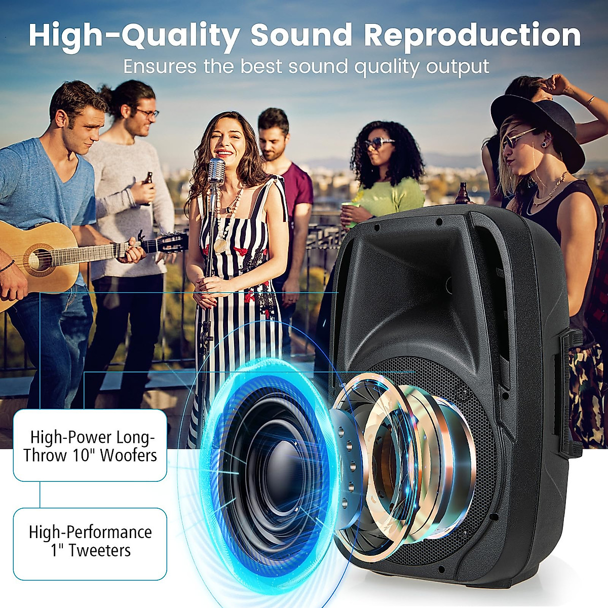 Costzon Portable 1600W 2-Way Powered PA Speaker System, Professional DJ Speakers with Active + Passive Loud Set, 2 Stands, Microphone, Bluetooth, USB/SD Card Input, FM Radio,Remote (2-Way)