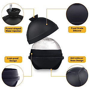 Helpcook Sphere Ice Molds - 6 Pack - Silicone Ice Ball Molds with Built-in Funnel - Round Ice Cube Molds - Make 2.5 Inch Big Ice Sphere for Whiskey & Cocktails,Food Grade and BPA Free, Black