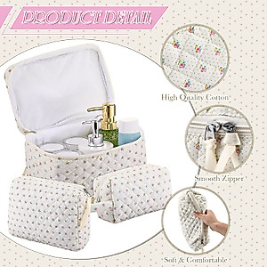 Paterr 3 Pieces Cotton Quilted Makeup Bag Set Coquette Cosmetic Bag Aesthetic Travel Toiletry pouch Cute Pouch Kawaii Aesthetic for Women(White,Little Flower)