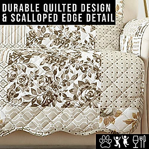 Great Bay Home Patchwork Scalloped Printed Furniture Protector. Stain Resistant Couch Cover. (Sofa, Taupe)