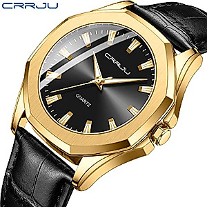 CRRJU Men's Fashion Luxury Classical Golden Watches for Men Business Simple Luminous Analog Quartz Leather Wristwatches