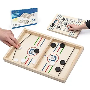 Niino 2 in 1 Fast Sling Puck and Tic Tac Toe Game Board | Tic Tac Toe Board and Family Wooden Hockey Game | String Puck | Gift for Adults & Kids Children | 20 Pucks with Storage Pouch (13 X 8 Inches)