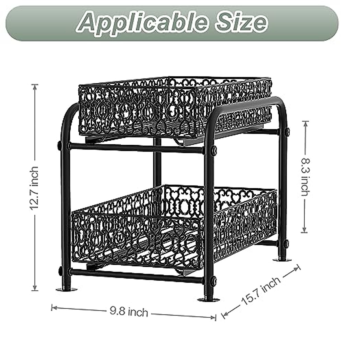FORESTSUN Cabinet Pull Out Organizer, 2-Tier Under Sink Organizer with Sliding Storage Drawer, Non-slip Metal Pull Out Shelves for Bathroom, Kitchen,Cabinets, Countertops