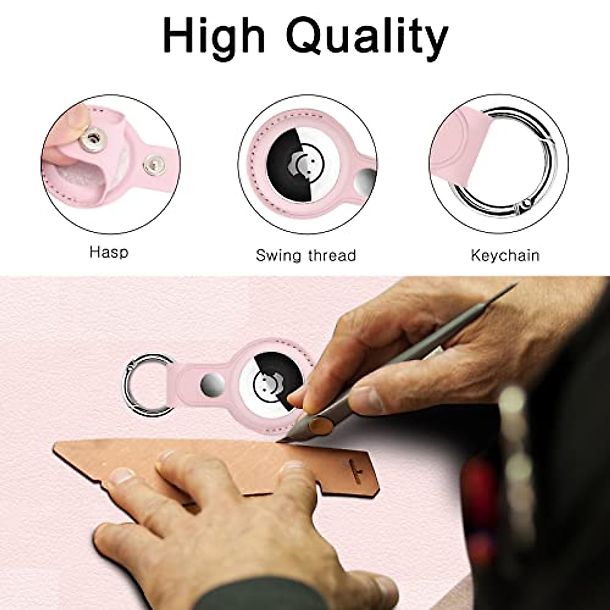NeBuRing Leather Airtag Case,Key Ring Holder Protection Cover with Keychain Compatible for New Apple Air Tag-Pink