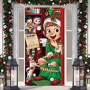 WovWeave Christmas Elf Door Cover Funny Merry Christmas Door Cover Decorations Santa Elves Xmas Party Hanging Banner Backdrop Background for Front Door Christmas Holiday New Year Supply, 71 x 35 Inch