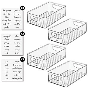 mDesign Plastic Kitchen Bins with Handles and Preprinted Cursive Food Labels Combo Set for Organizing Pantry, Kitchen, Shelves, or Counter, Includes 4 Clear Bins and 120 White Labels with Black Text