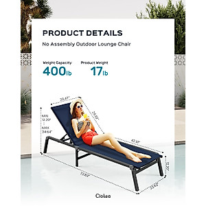 Aluminum Chaise Lounge Ourdoor - Foldable & Assemble Free Outdoor Lounge Chair with 5 Adjustable Backrest, Patio Lounge Chair for Outside Poolside Beach Pool, Navy Blue