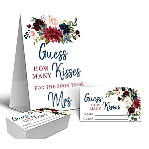 Your Main Event Prints Burgundy and Navy How Many Kisses Game Sign and Cards Great for Bridal Showers and Weddings, Neutral Floral