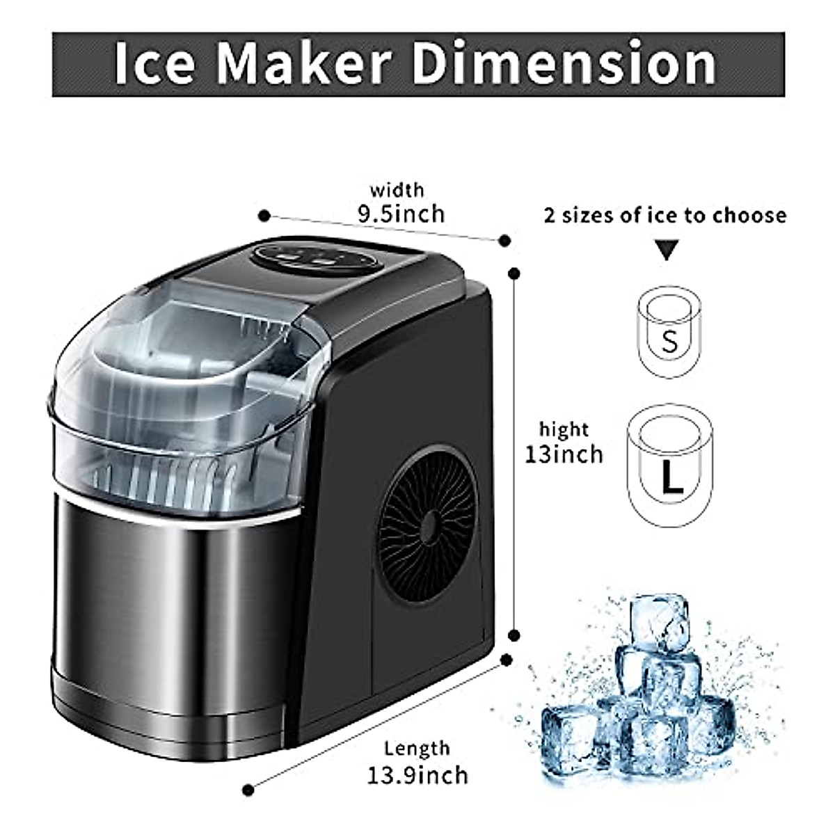 R.W.FLAME Countertop Ice Makers Machine - 26LBS/24H Ice Cube Maker Portable Self Cleaning Ice Machine,2 Ice Sizes S/L (Classic Black)
