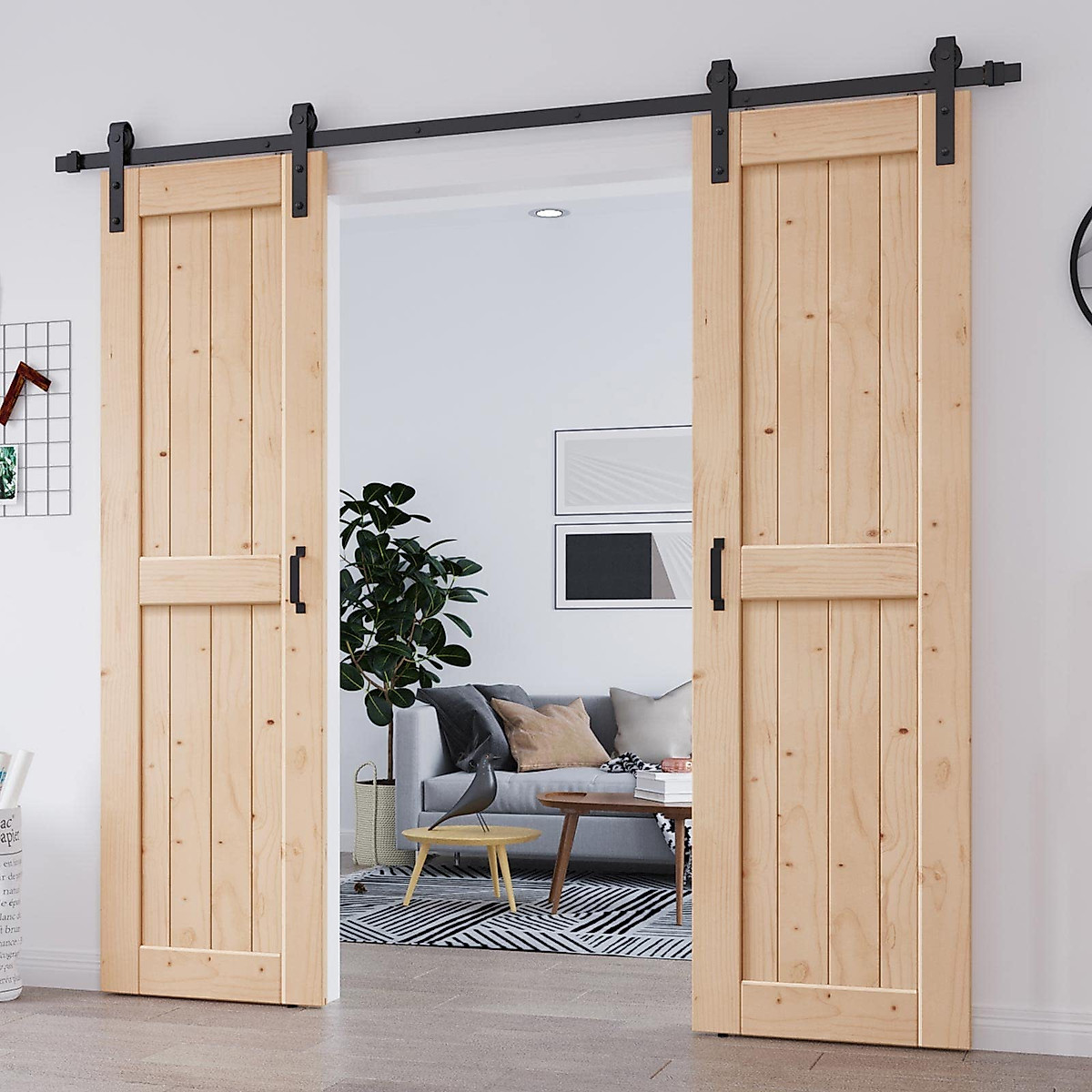 EaseLife 42in x 84in (Double 21in×84in Door) Barn Door with 7FT Sliding Door Hardware & Handle Included,DIY Assemblely,Easy Install,Apply to Interior Rooms & Storage Closet,H-Frame,Natural