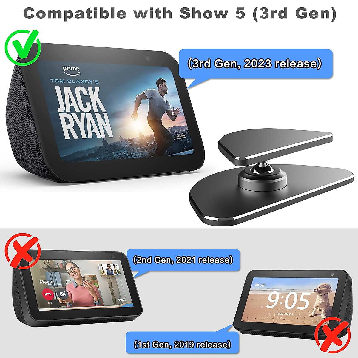 ezbnb Adjustable Stand for Echo Show 5 (3rd Gen), Aluminum Smart Display Stand with Strong Magnetic, Full Anti-Slip Base, Tilt + Swivel, Compatible with Show 5 (3rd Gen)& iPhone 14