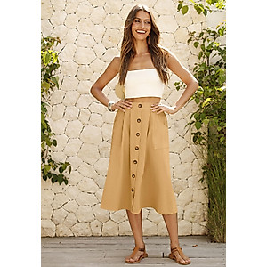 Naggoo Womens Summer A-Line High Waisted Button Pleated Midi Skirt Khaki Large