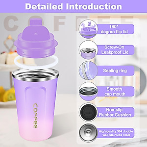 JTRYEMU Travel coffee mug 12 oz Insulated Coffee cup with lid reusable Leak proof Coffee Tumbler Stainless Steel Vacuum Gradient Colorful Thermos cup Thermal Keeps Cold and Hot for Coffee/Tea