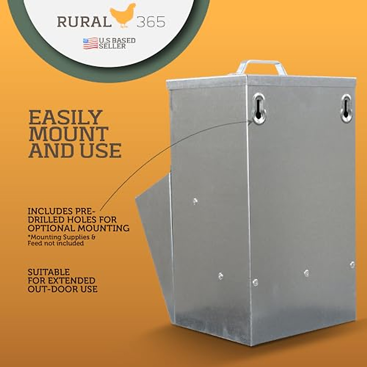 Rural365 50lb Capacity Galvanized Chicken Feeder Weatherproof Coop Dispenser