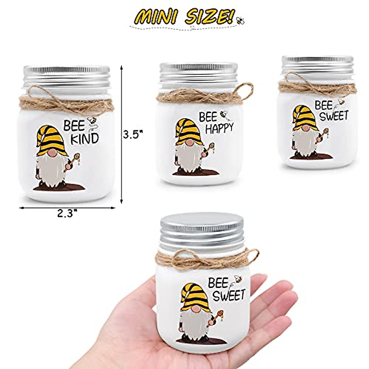 Nefelibata Bee Gnome Mini Mason Jars, Honey Bee Nisse Farmhouse Tiered Tray Decor Bee Sweet Bee Happy Bee Kind Honey Dipper Holders Bumble Bee Tomte Kitchen Centerpieces Decors 3 PCS