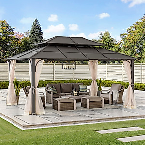Sunjoy Hardtop Gazebo 12 x 16 ft. Outdoor Gazebo, Heavy Duty Steel Frame Gazebo, Double Tiered Metal Gazebo with Ceiling Hook and Removable Netting Sidewalls, Brown