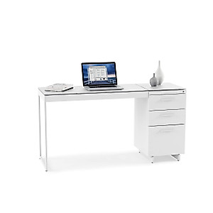 BDI Furniture Centro 6414 Locking 3-Drawer File Cabinet for Home or Office with Letter or Legal-Sized File Drawer and 2 Supply Drawers, Satin-Etched Tempered Glass Top, Satin White